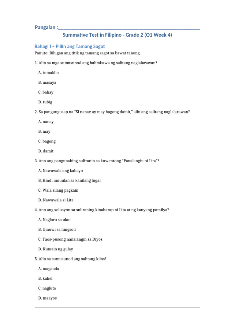 Summ - Test Filipino 2 Q1 W4 | PDF