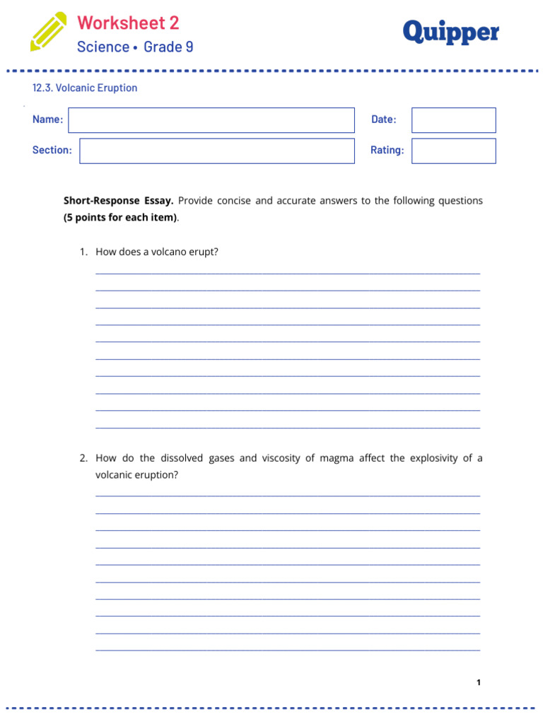Grade 9 Volcano Eruption Worksheet | PDF | Volcano | Geological Hazards