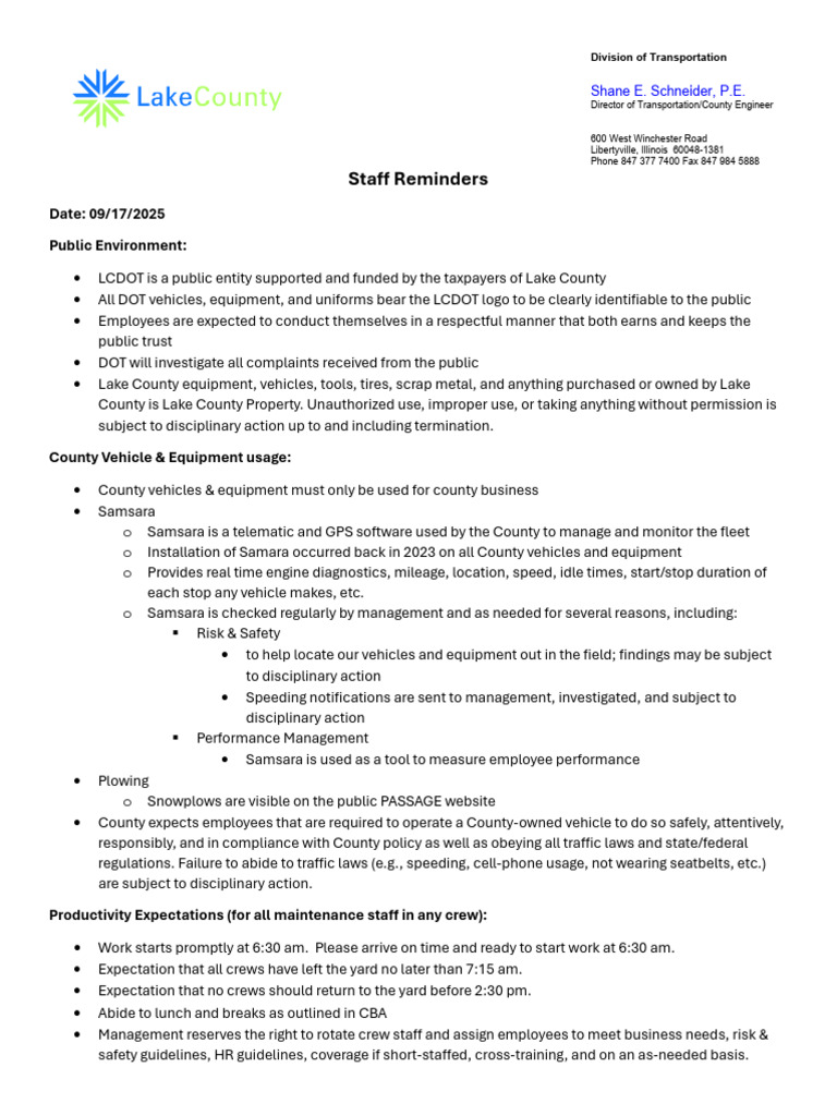 LCDOT All-Staff Reminders_091725 | PDF | Road