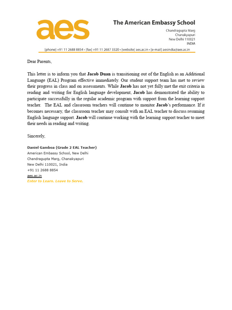 EAL To LS Exit Letter | PDF