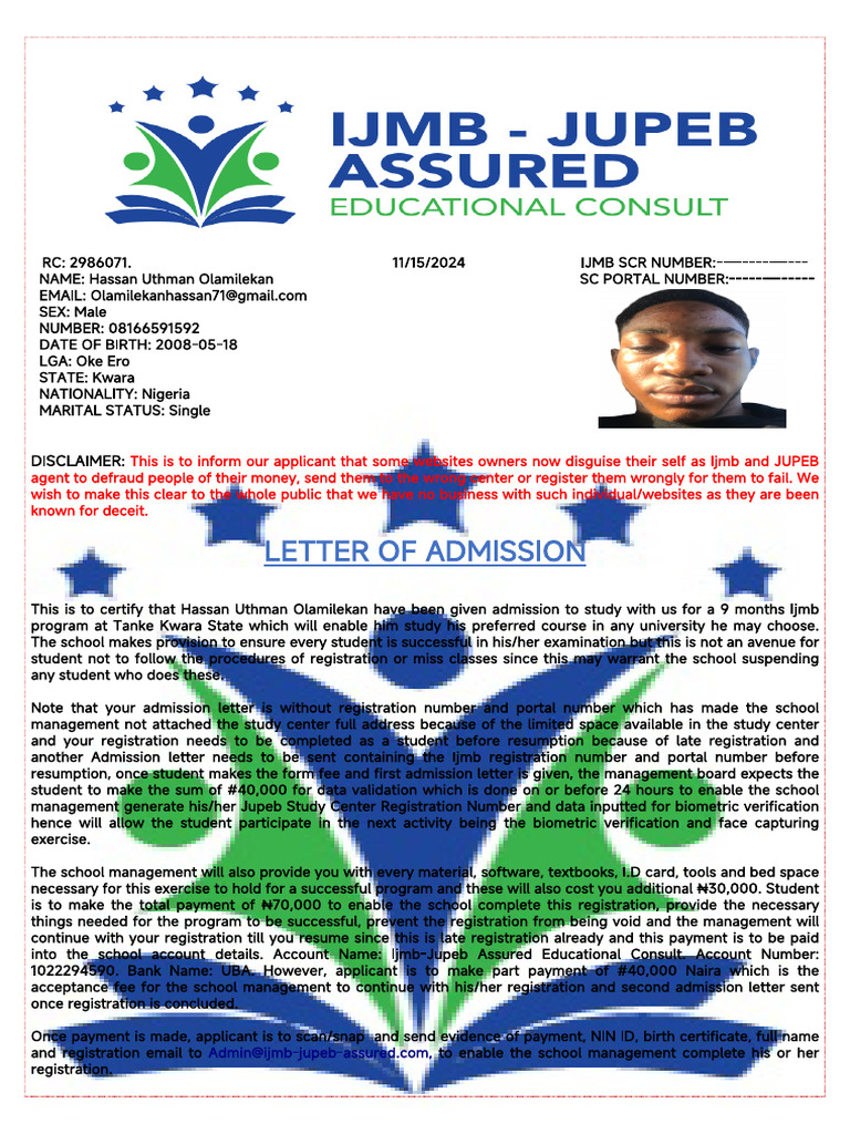 IJMB Admission Letter for Hassan Olamilekan | PDF