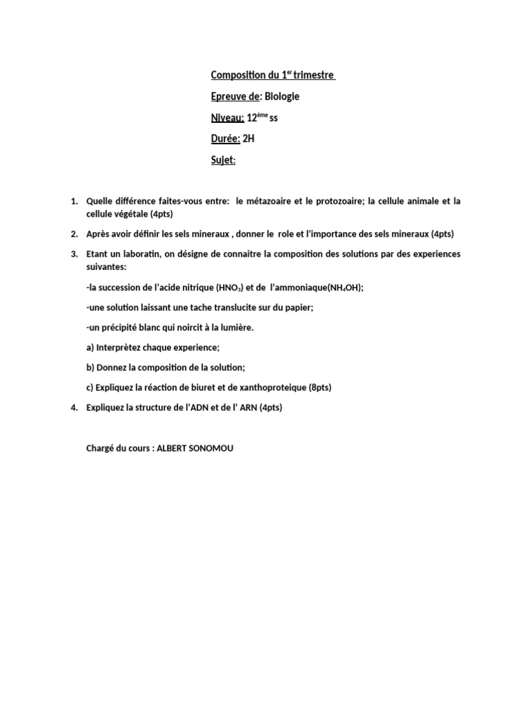 Épreuve de Biologie - 1er Trimestre 12ème | PDF