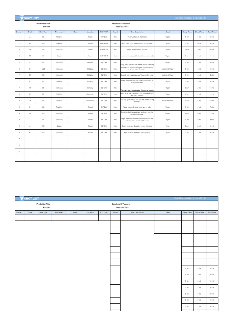 Copy of IB Film Shot List Template, Noir - Shot List Template | PDF