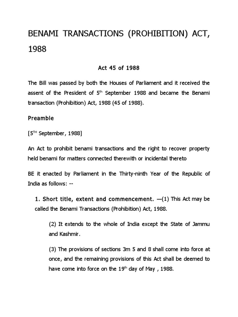 Benami Transactions (Prohibition) Act, 1988 | PDF | Repeal | Property