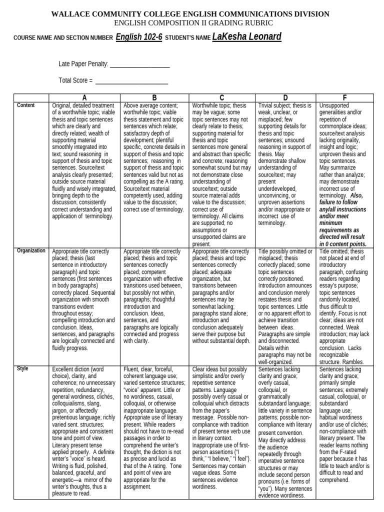 English Composition II Grading Rubric | PDF