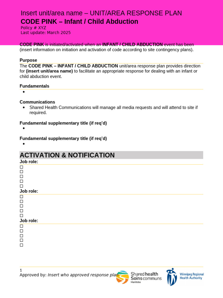Code Pink Response Plan for Abductions | PDF