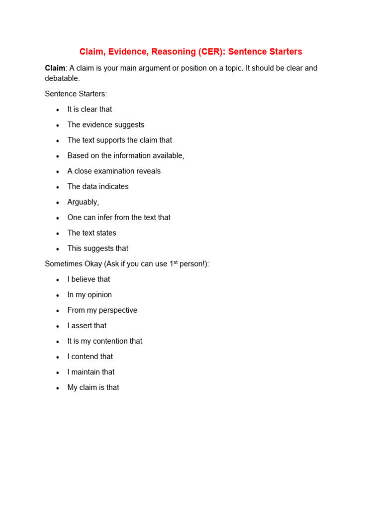 Claim, Evidence, Reasoning (CER) : Sentence Starters | PDF | Evidence ...