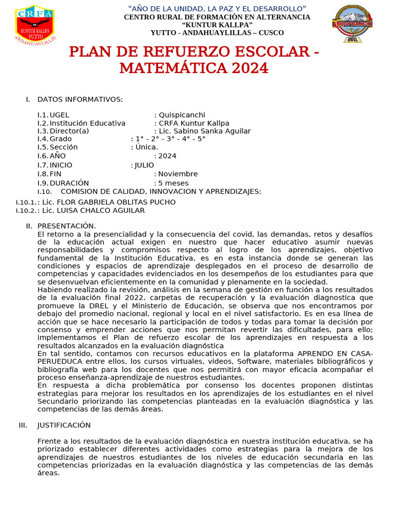 Plan de Refuerzo Escolar Flor y Luisa Matematica 2024 | PDF | Plan de ...