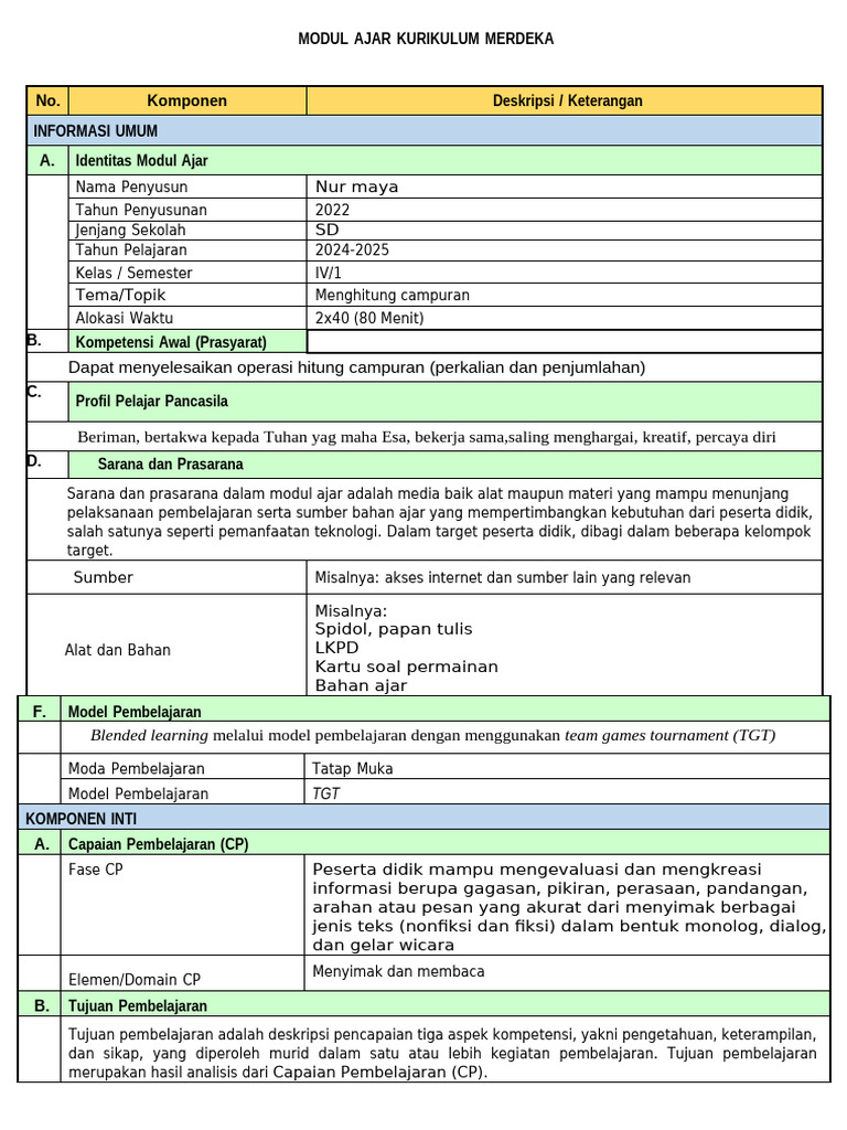 Modul Ajar SD: Operasi Hitung Campuran | PDF