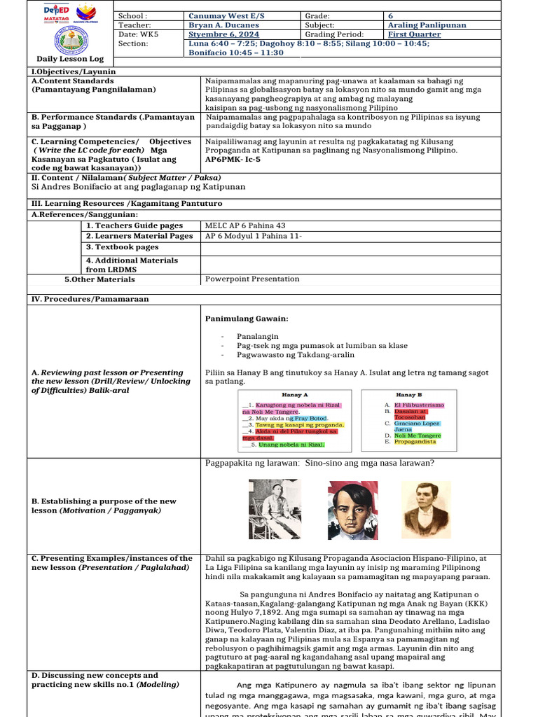 DLL Ap 6 Q1 W4 Si Andres at Ang Katipunan | PDF