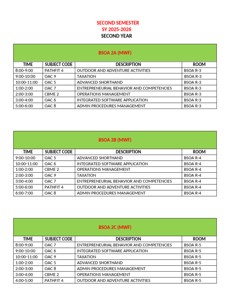 Second Semester Second Year Final Schedule | PDF