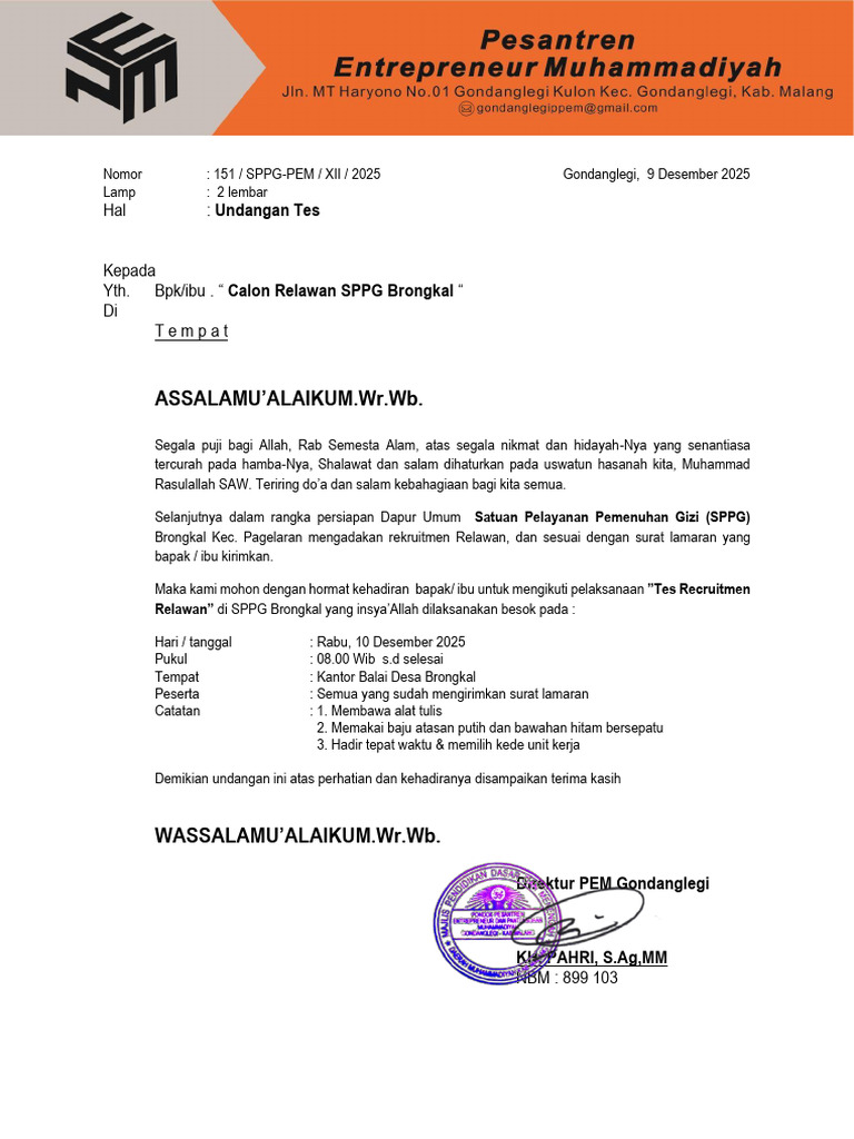 Undangan Tes Relawan SPPG Brongkal | PDF