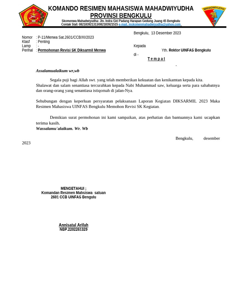 Permohonan Revisi SK Diksarmil Menwa | PDF