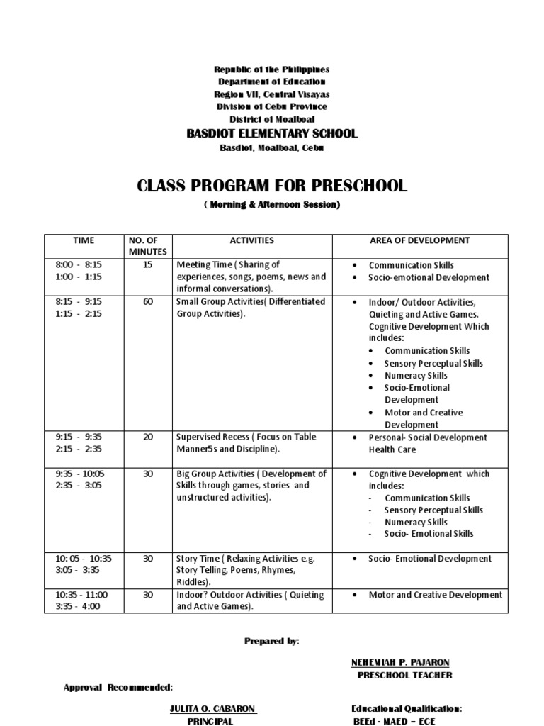 Preschool Class Program Overview | PDF | Preschool | Neuropsychological ...