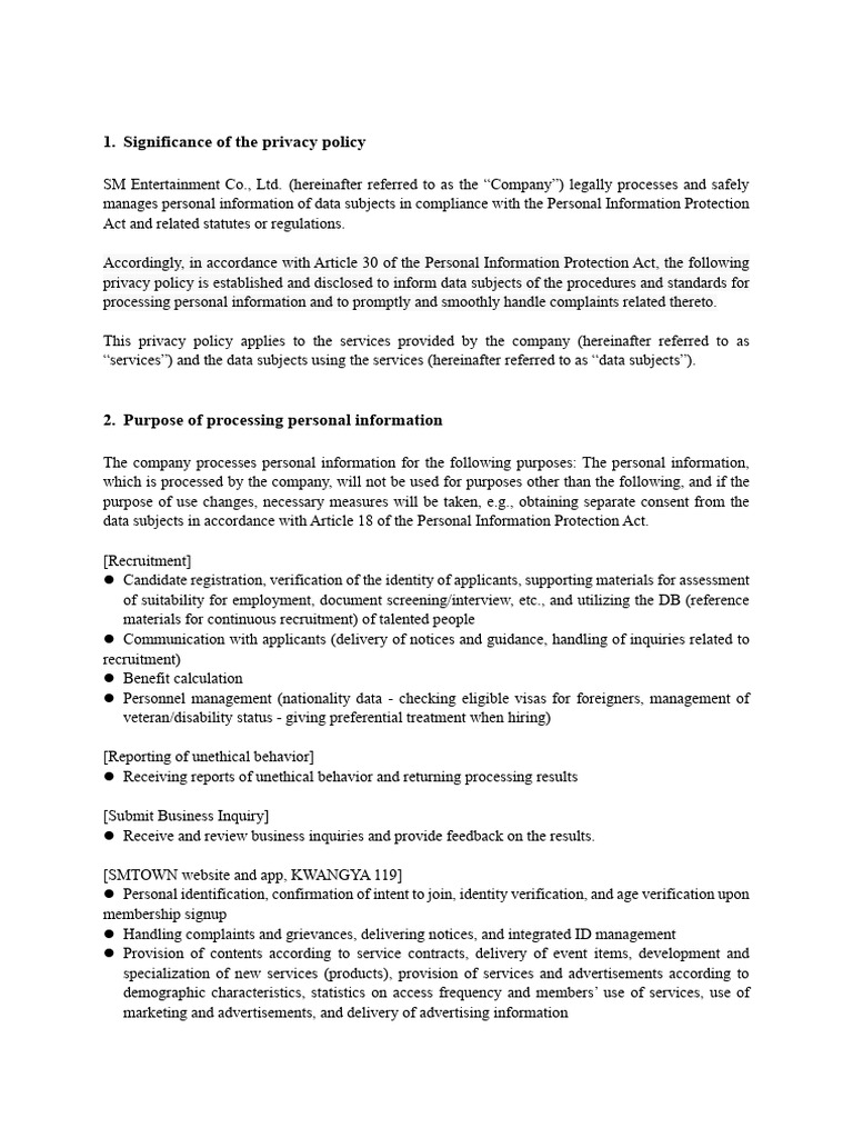 SM Entertainment Privacy Policy Overview | PDF | Http Cookie | Computer ...