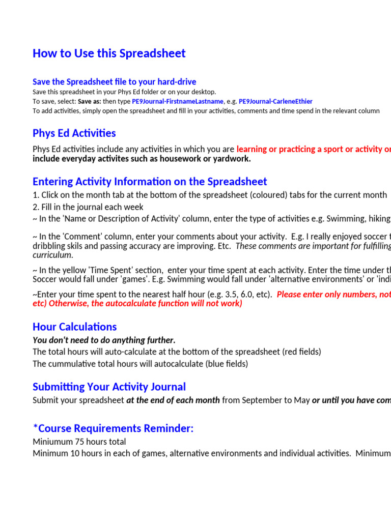 Phys Ed Activity Journal Guide | PDF | Spreadsheet | Software