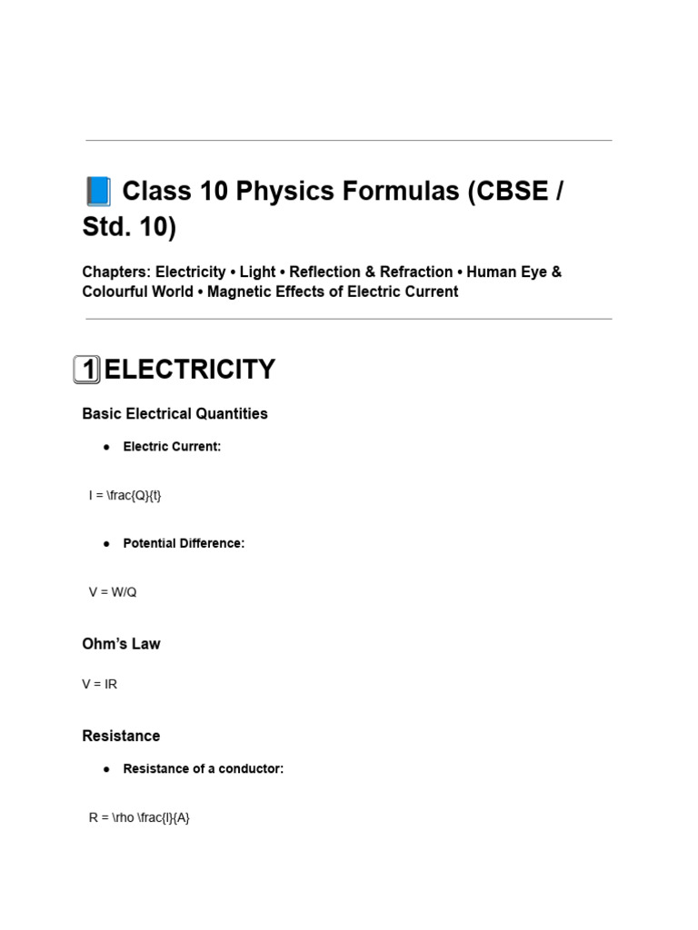 Class 10 Physics Formulas Guide | PDF