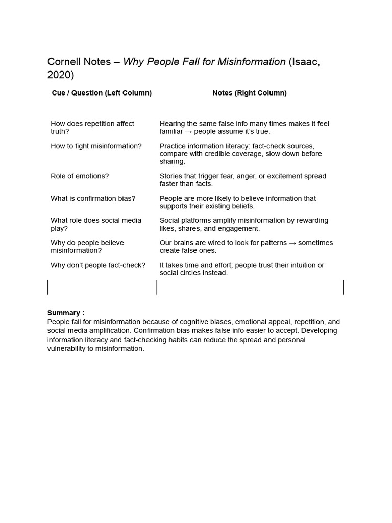 Cornell Notes - Why People Fall For Misinformation (Isaac, 2020) | PDF