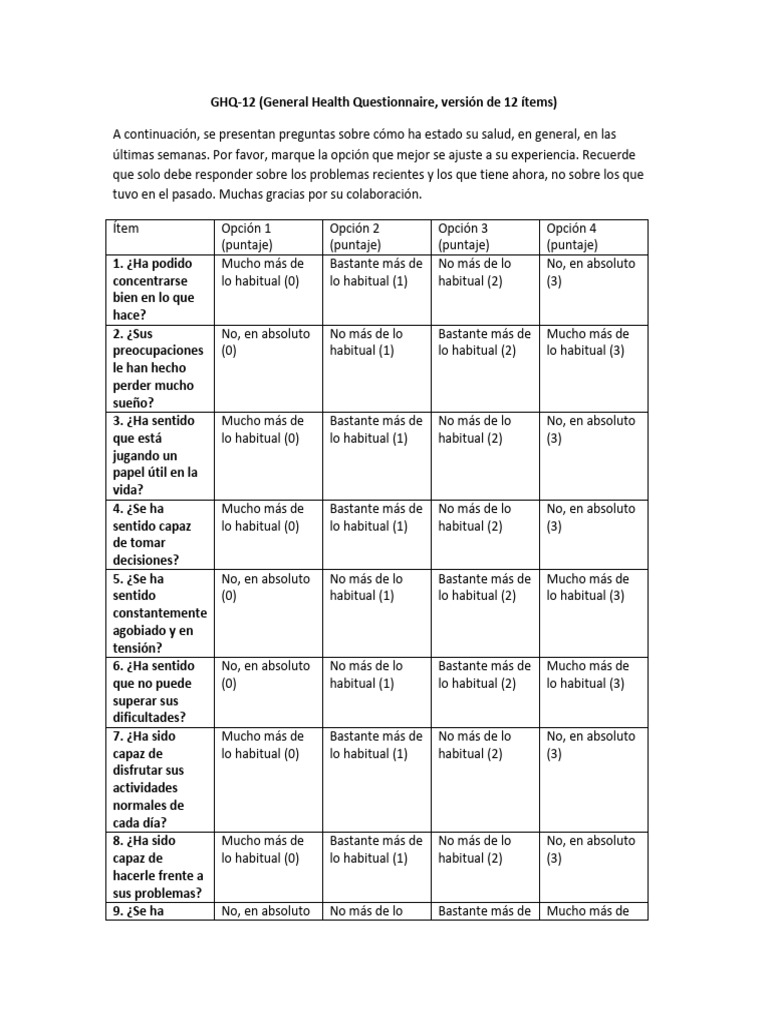 Cuestionario de Salud GHQ-12 | PDF