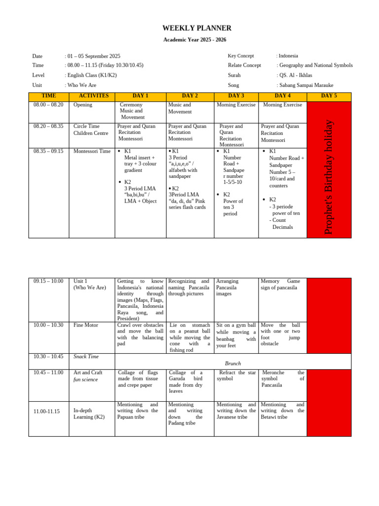 Weekly Planner: Indonesia K1/K2 Activities | PDF