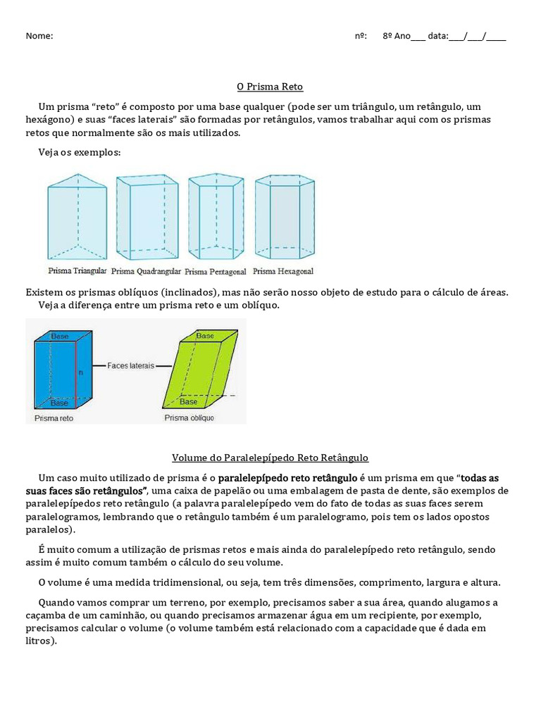 Cálculo de Volume de Prismas e Cilindros | PDF | Triângulo | Geometria ...