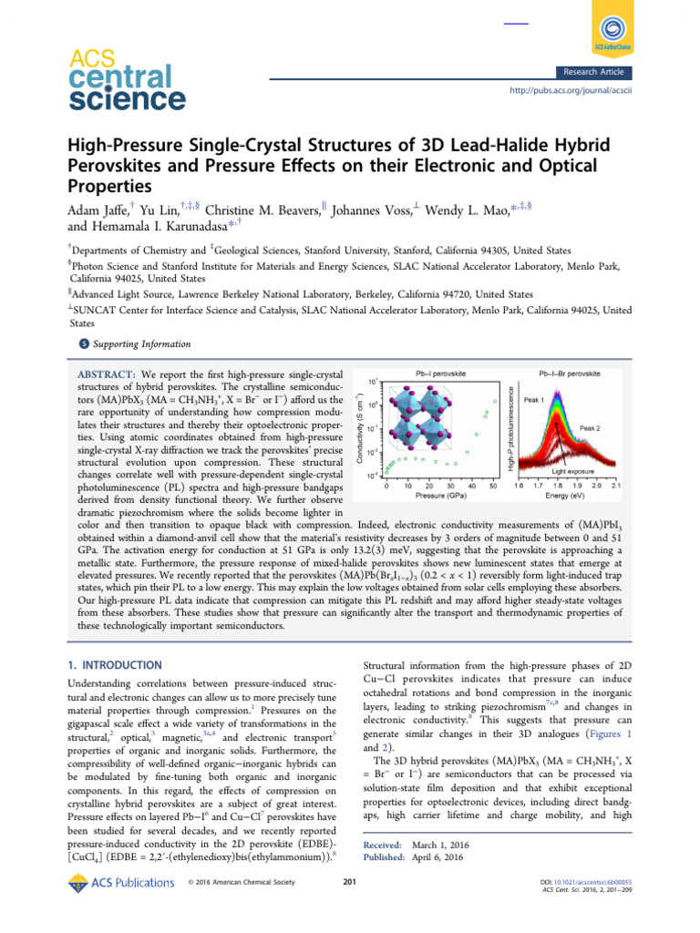 High Pressure Single Crystal Structures of 3d Lead Halide Hybrid ...