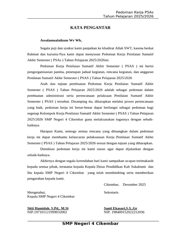 Pedoman Kerja PSAs 2025/2026 SMPN 4 Cikembar | PDF