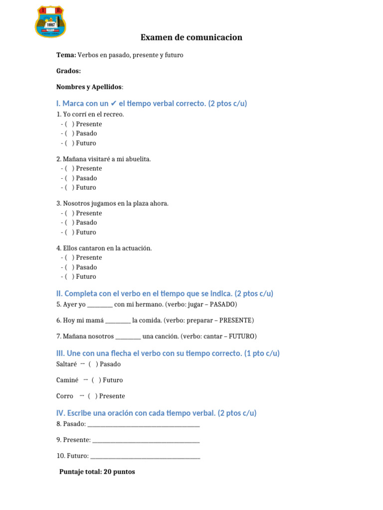 Examen Verbos Pasado Presente Futuro | PDF