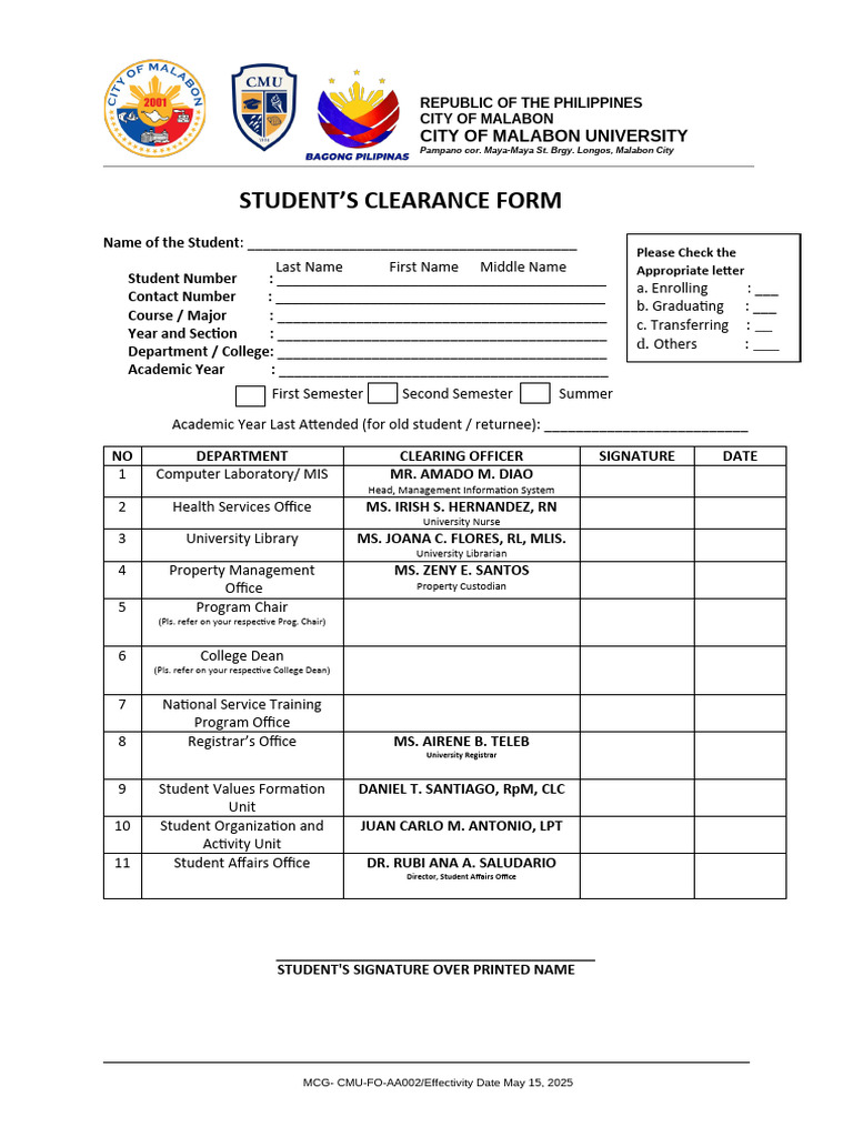 2 MCG CMU FO A002 Student Clearance Form New 5 2 | PDF | Libraries