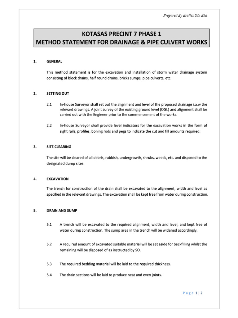 Erallex Drainage Works Method Statement | PDF
