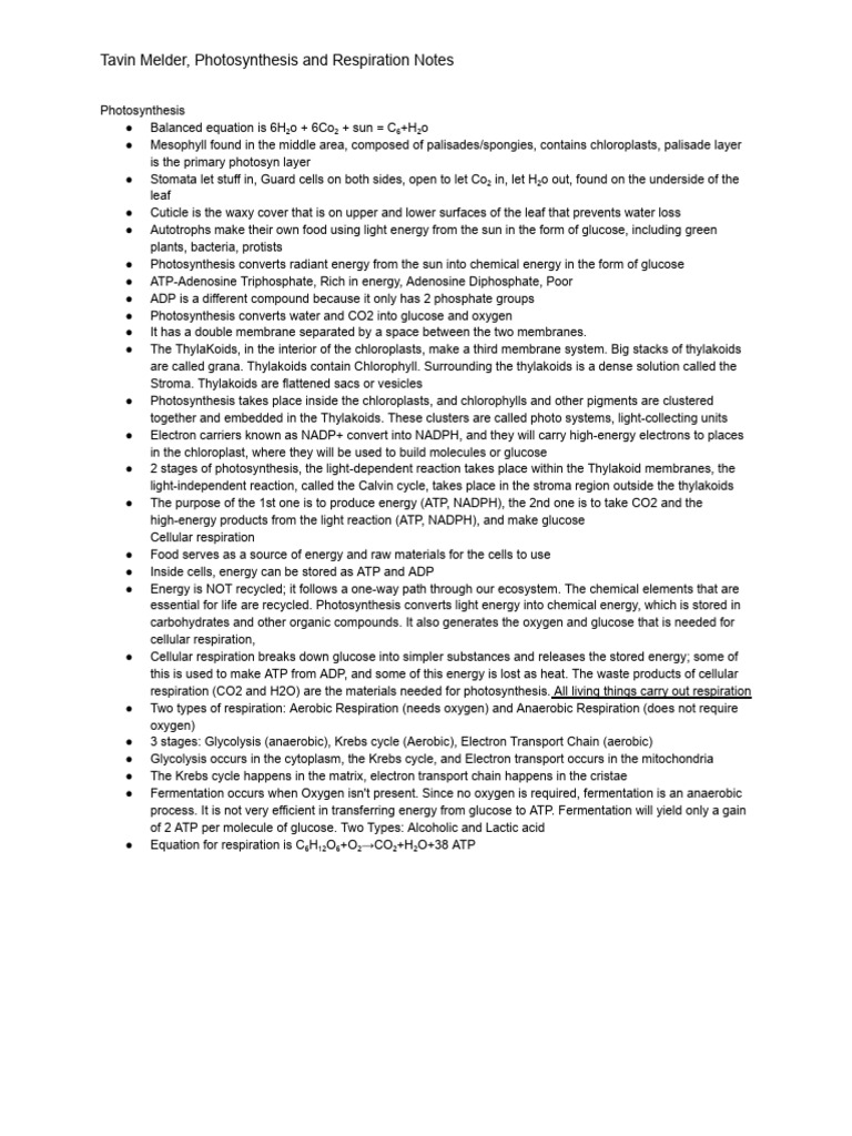 Photosynthesis and Respiration Notes | PDF | Cellular Respiration ...