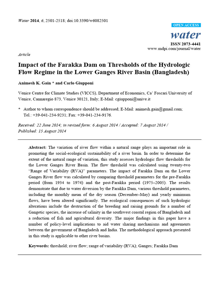 Water: Impact of The Farakka Dam On Thresholds of The Hydrologic Flow ...