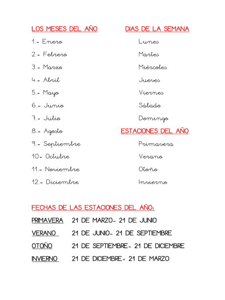 Dias Meses y Estaciones Con Ejemplos | PDF
