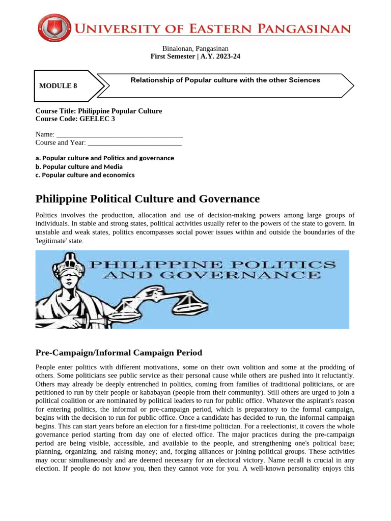 Philippine Popular Culture Module 10 | PDF | Electoral Fraud | Elections