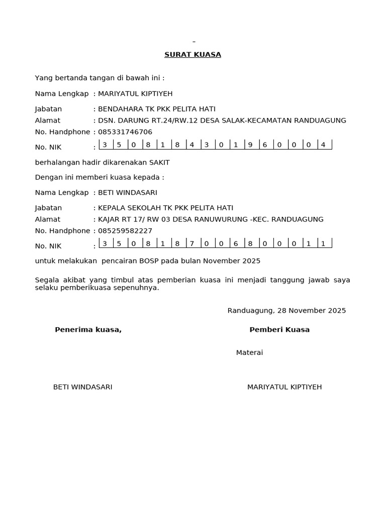 Surat Kuasa Pencairan BOSP 2025 | PDF