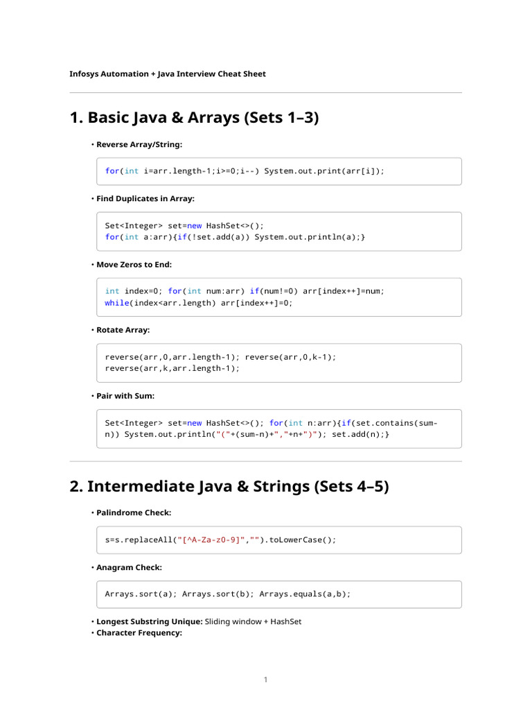 Infosys Java Automation Cheatsheet | PDF | String (Computer Science ...