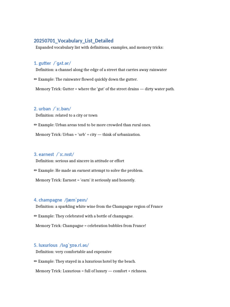 Vocabulary List with Definitions & Tricks | PDF