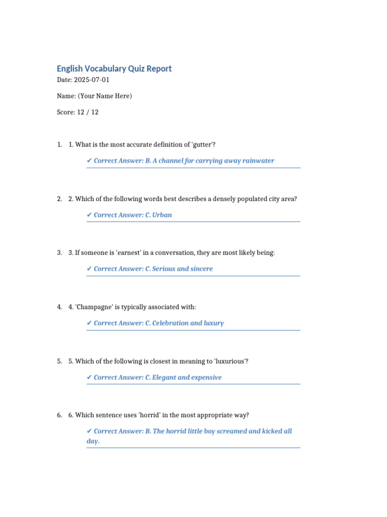 20250701 Vocabulary Quiz Set 1 Report | PDF