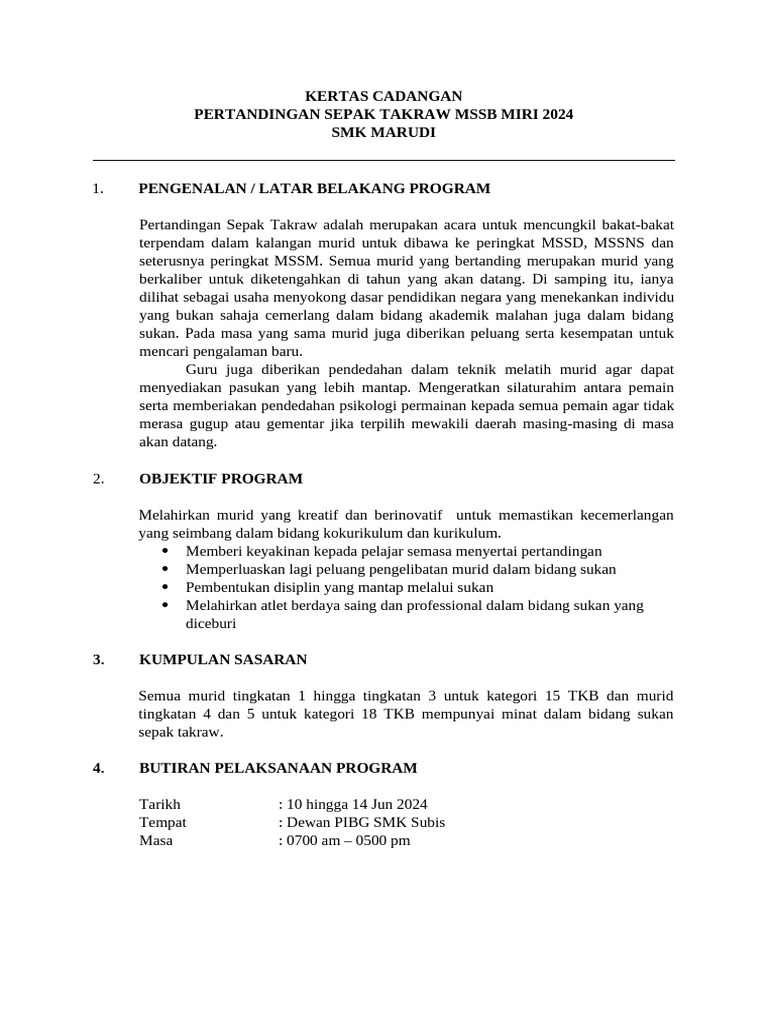 Pertandingan Sepak Takraw MSSB Miri 2024 | PDF