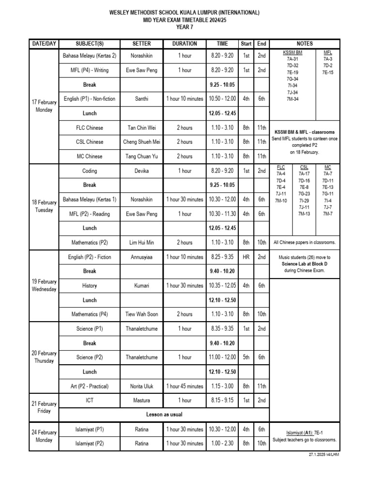 Year 7 Mid-Year Exam Timetable 2024 | PDF