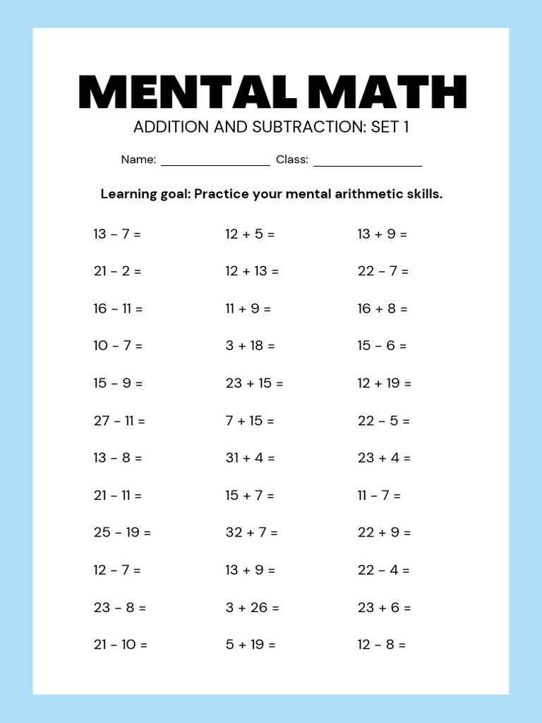 Colorful Pastel Addition and Subtraction Mental Arithmetic Math ...