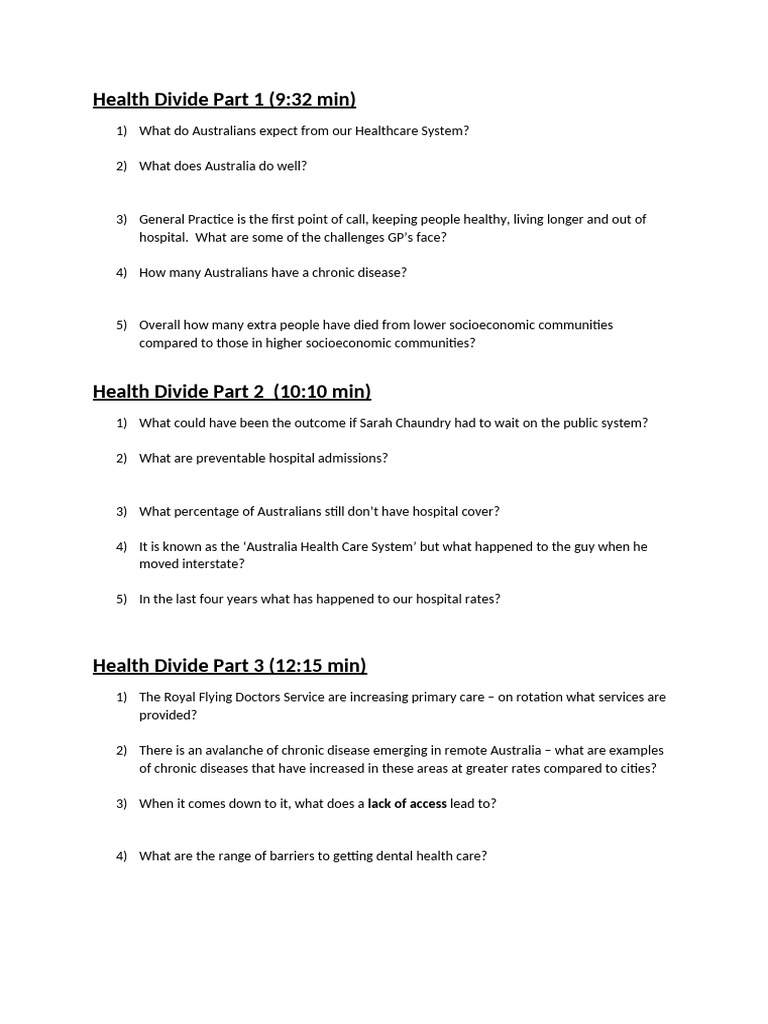 Health Divide Questions For Part 1, 2 & 3 | PDF