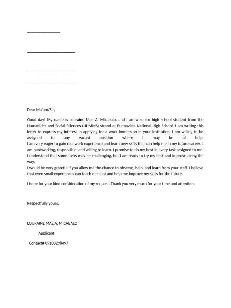 Application Letter (Work Immersion) | PDF