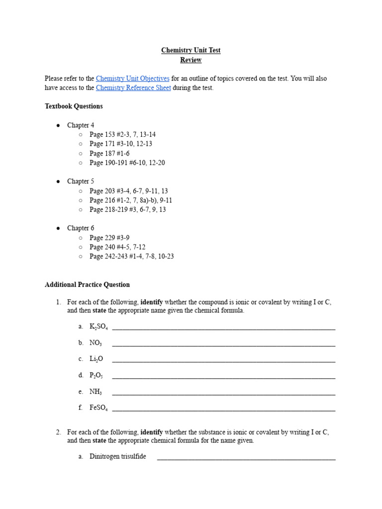 Chemistry Unit Test - Review | PDF | Hydroxide | Oxide
