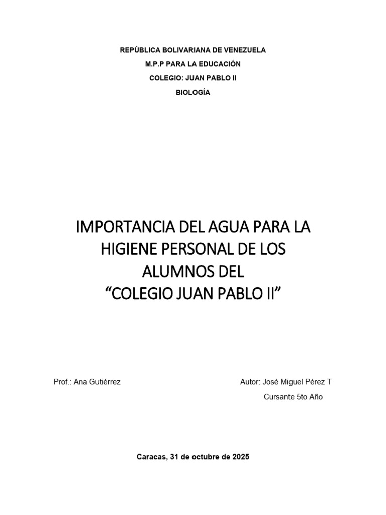 Importancia Del Agua para La Higiene Personal de Los Alumnos | PDF ...