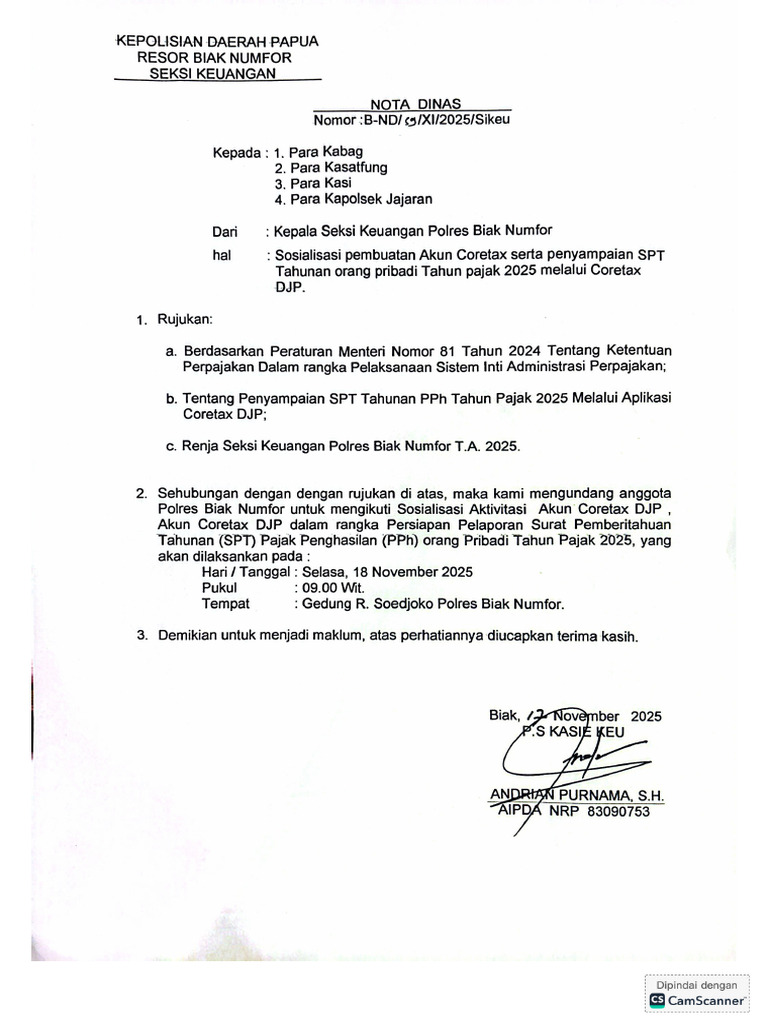 Nota Dinas Coretax SPT | PDF
