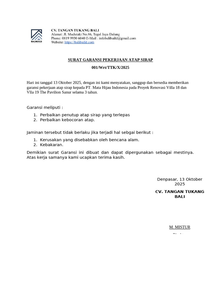 Surat Garansi Atap Sirap | PDF