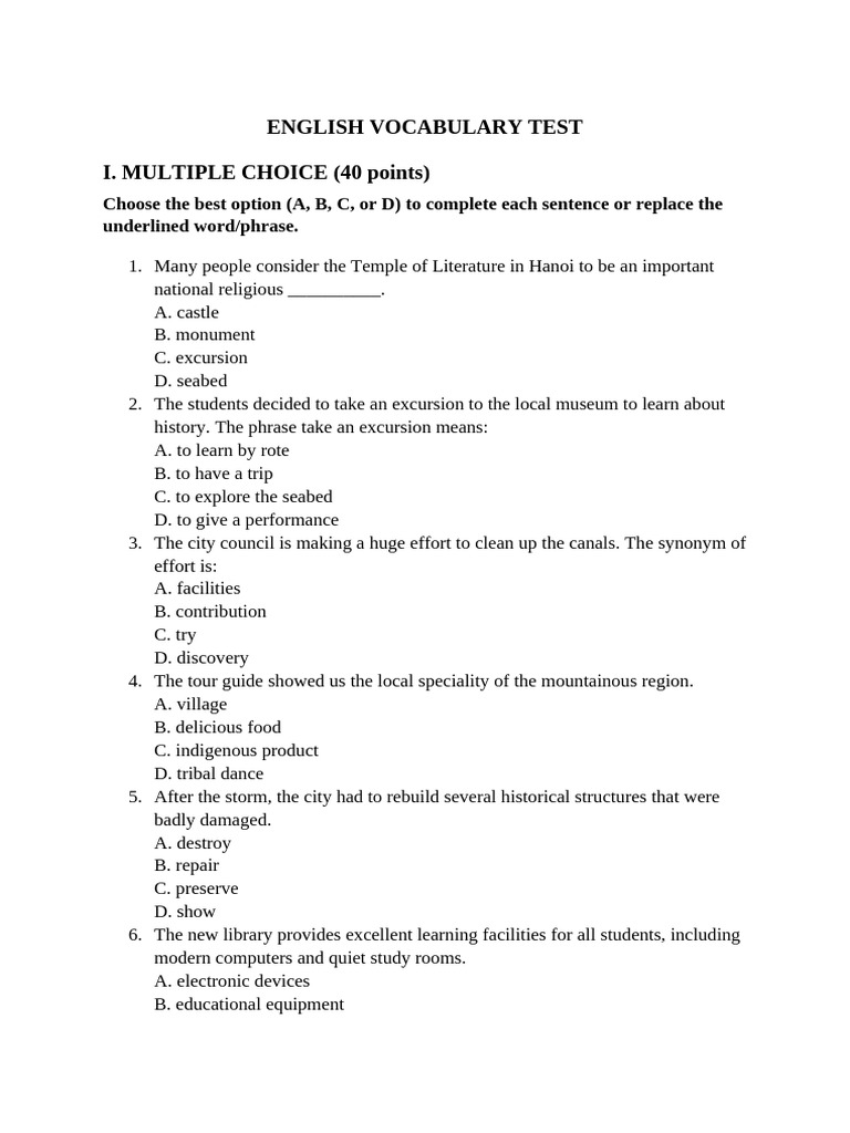 English Vocabulary Test for Students | PDF