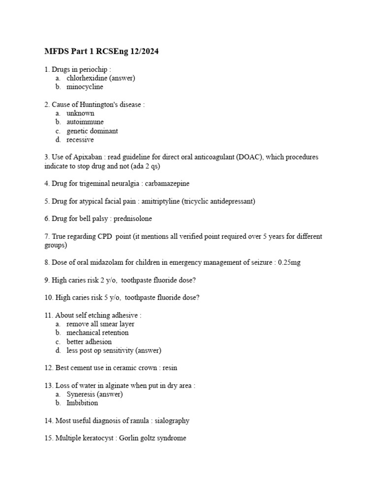 MFDS Part 1 RCSEng 12/2024 Exam Guide | PDF | Dentistry Branches ...