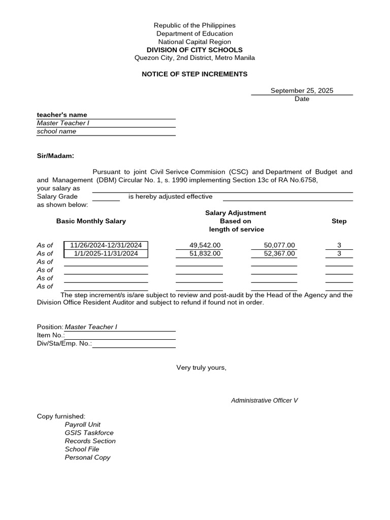 Notice of Salary Step Increment for Teachers | PDF